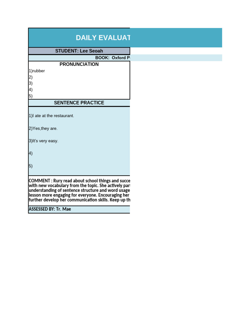 Daily Evaluation Report-Rury (Lee Seoah) - TR - Mae | PDF | Thought ...