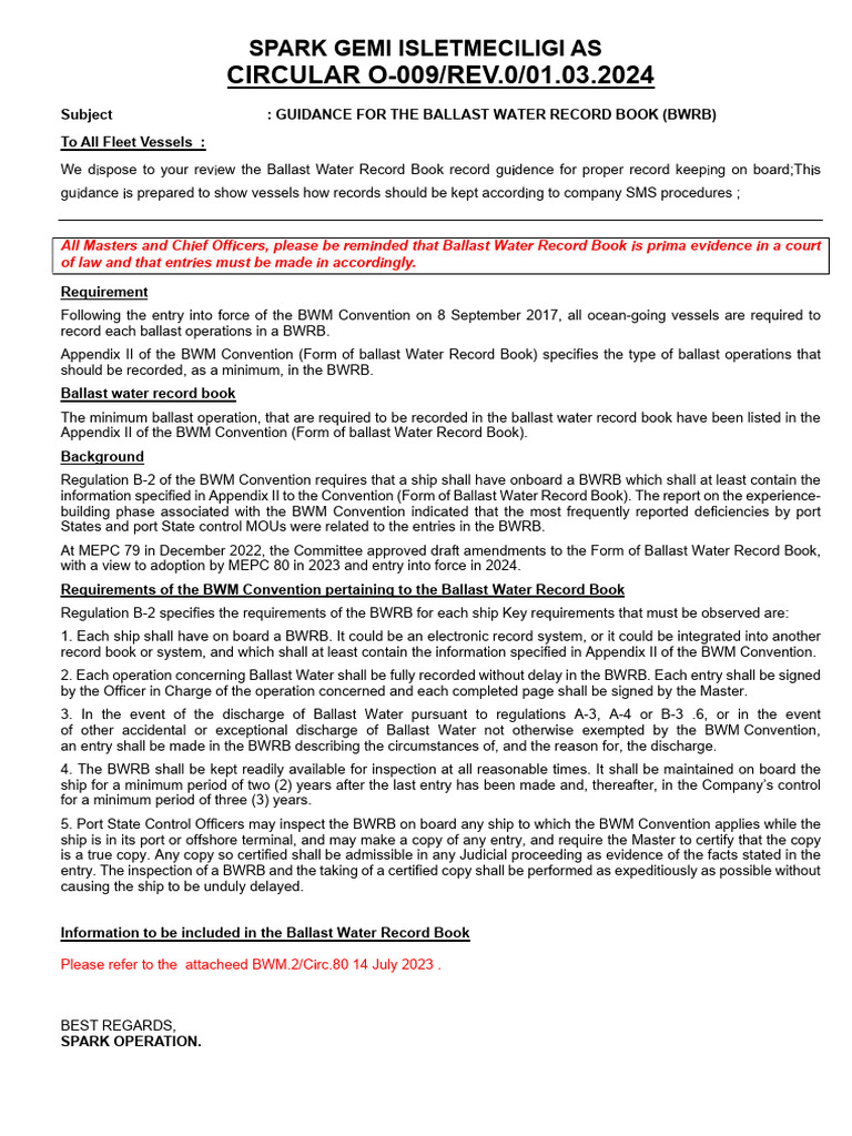 Guidance For The Ballast Water Record Book (BWRB) | PDF | Tonnage | Shipping