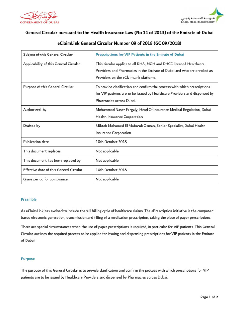 eClaimLink General Circular GC09 2018 - Prescriptions For VIP Patients ...