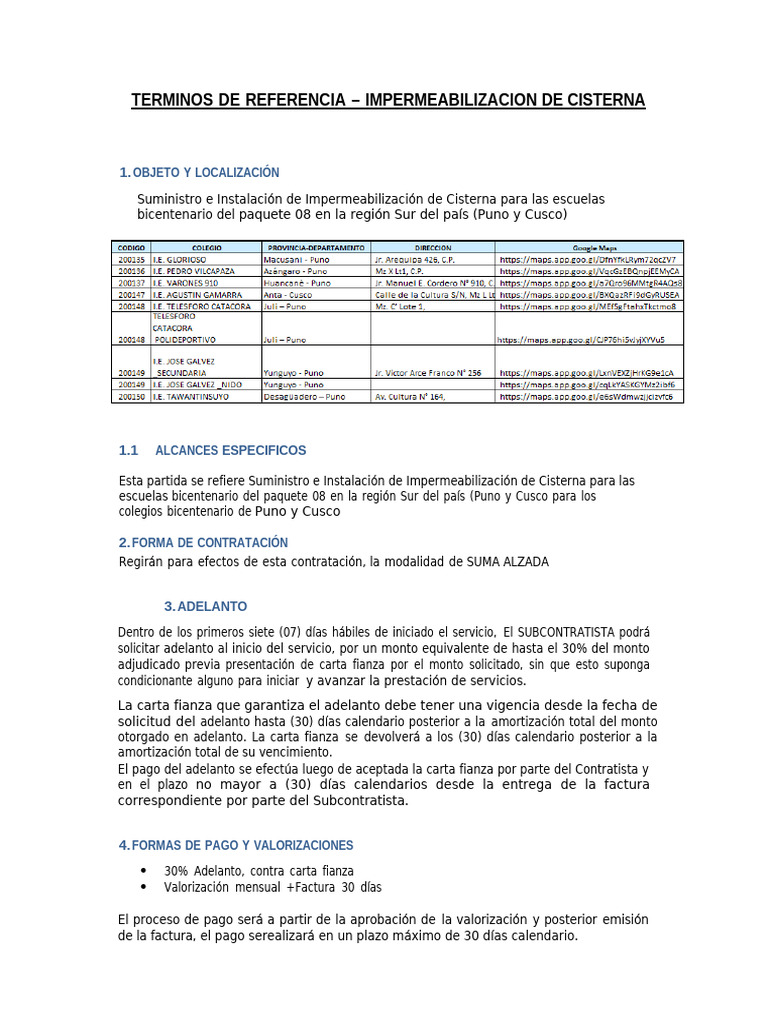 TDR - Impermeabilizacion Cisterna | PDF