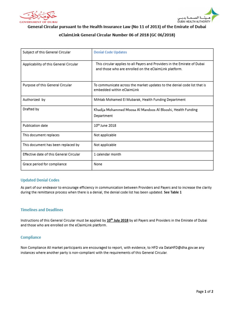 eClaimLink General Circular GC06 2018 - Denial Code Updates | PDF ...