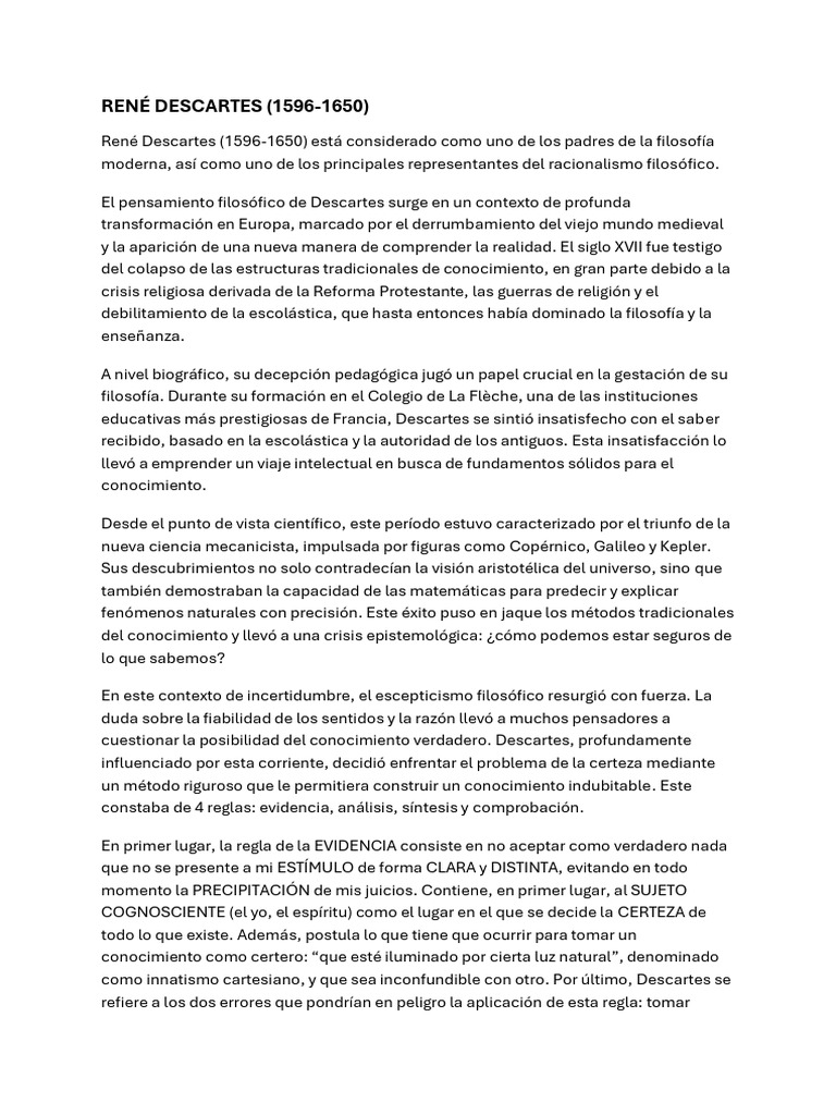 Filosofía de René Descartes: Racionalismo y Duda | PDF | René Descartes ...