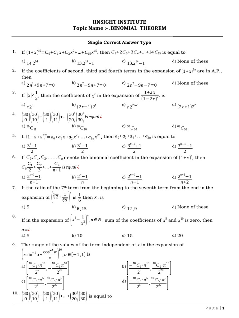 Maths_binomial Theorem Question Bank | PDF | Mathematics | Algebra