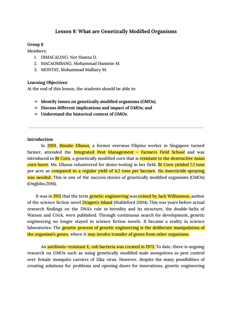 Lesson 8 - What Are Genetically Modified Organisms (Group 8) | PDF ...