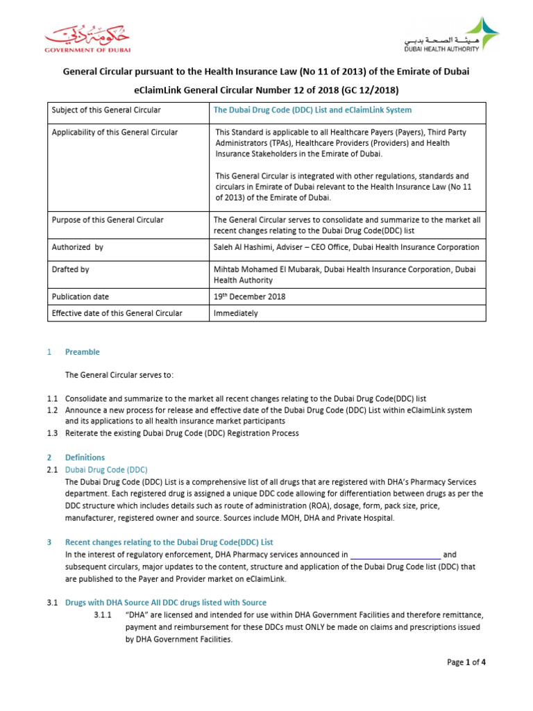 GC 12-2018 The Dubai Drug Code (DDC) List and eClaimLink System | PDF ...