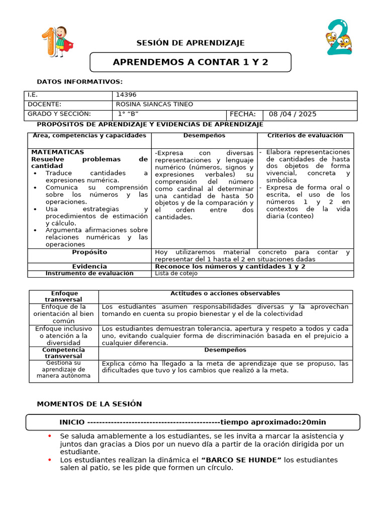 1º Adicional Sesion Mat Aprendemos A Contar 1 y 2 | PDF | Aprendizaje