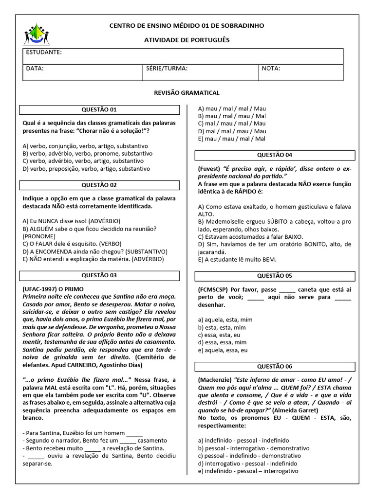 Revisão Gramatical - Exercícios | PDF | Classe gramatical | Pronome