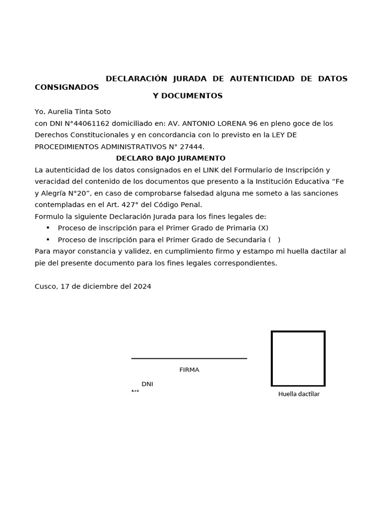 Declaración Jurada de Autenticidad de Datos Consignados 2025 | PDF