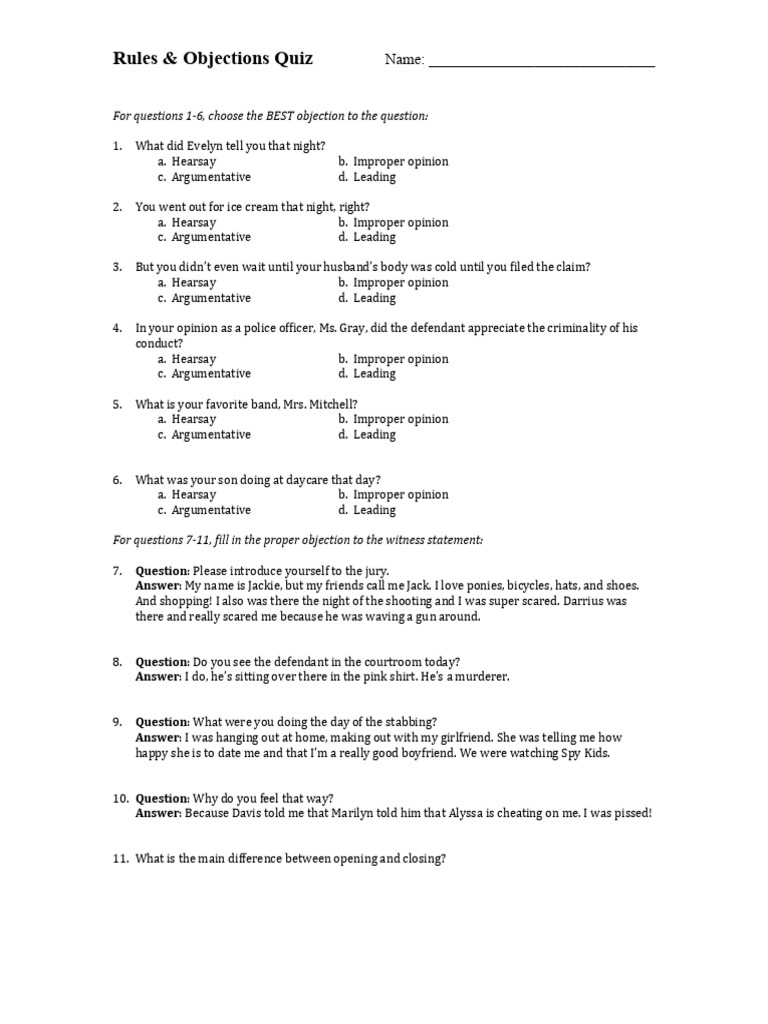Rules & Objections Quiz for Witness Testimony | PDF