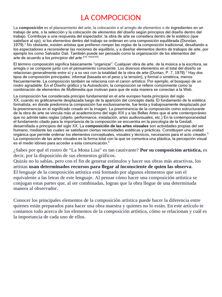 La Compocicion | PDF | Composición (artes visuales) | Las artes