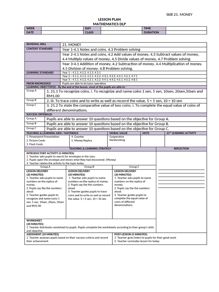 Money Lesson Plan for Year 1-3 | PDF | Money | Learning