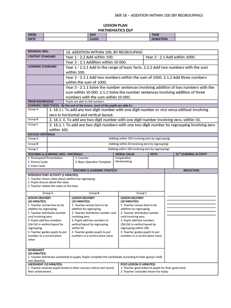 Addition Within 100: Regrouping Lesson Plan | PDF | Teachers ...