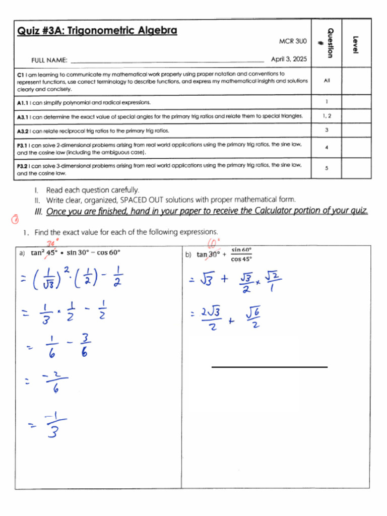 Quiz 3A - SOLUTIONS - Trigonometry - 2024-25 - s2 | PDF