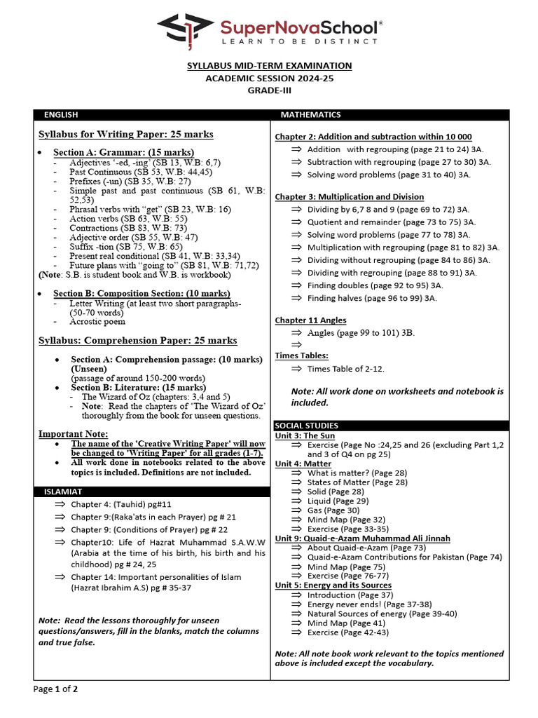 GRADE 3- Mid Term Syllabus 2024 (2) | PDF | Linguistics