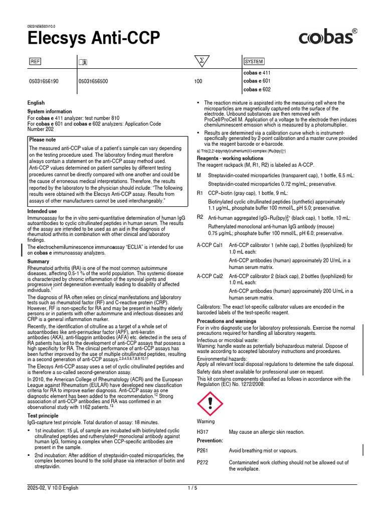 Insert - Elecsys Anti-CCP.05031656500.V10.en | PDF | Detection Limit | Sensitivity And Specificity