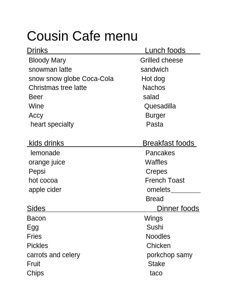 Cousin Cafe Menu: Food & Drinks Options | PDF