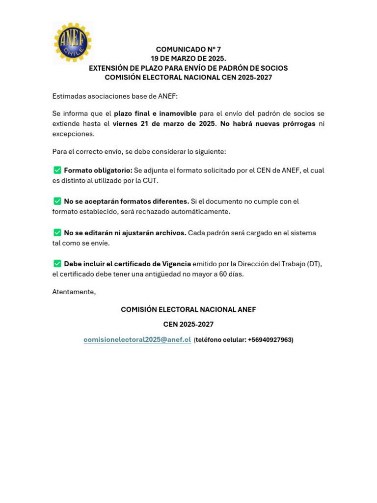 Comunicado #7 Cen Anef 2025 | PDF
