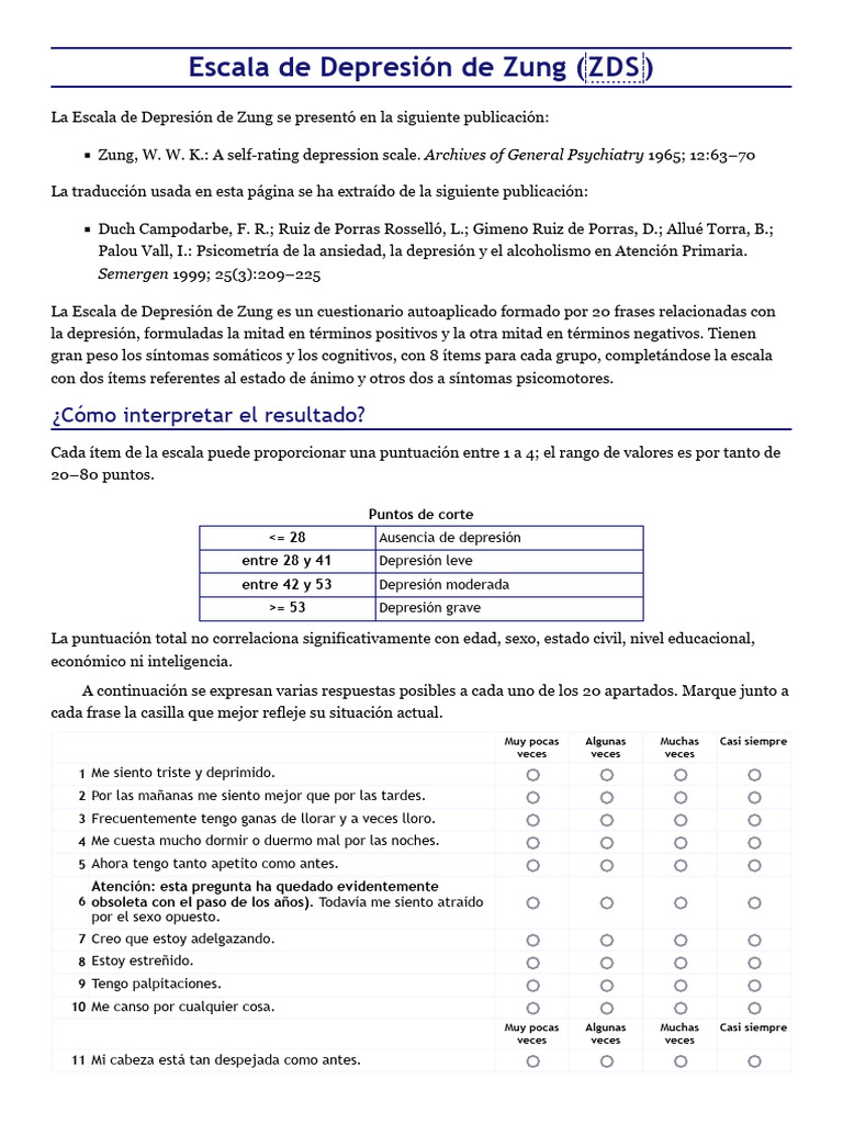 Escala de Depresión de Zung: Interpretación | PDF | Depresión (estado ...