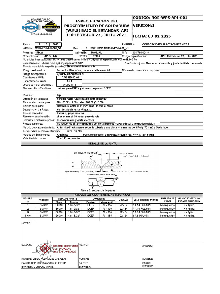 WPS SMAW API 1104: Especificaciones Técnicas | PDF | Calefacción ...