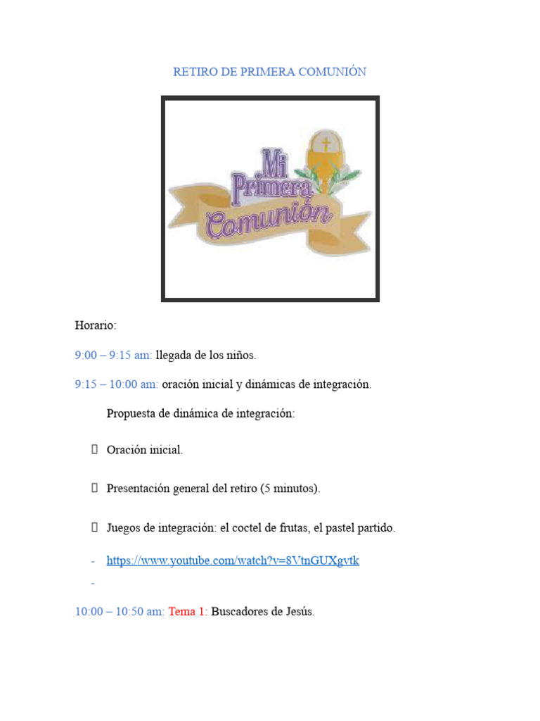 Retiro Espiritual para Primera Comunión | PDF | eucaristía | Oración