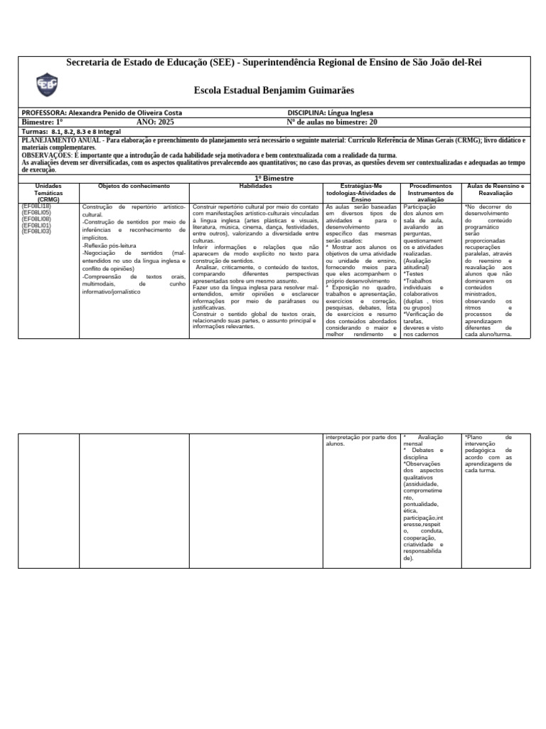 Planejamento Inglês 8º Ano 2025 | PDF | Pedagogia | Planejamento