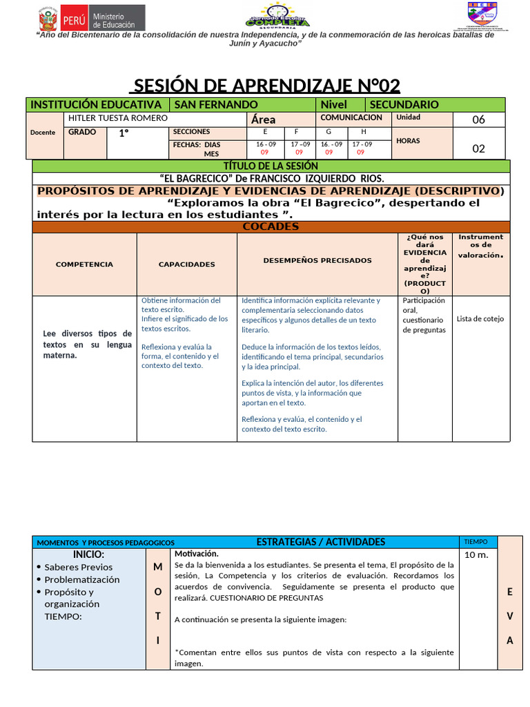 Sesion de Aprendizaje 02 Unidad 06 | PDF | Aprendizaje | Comunicación