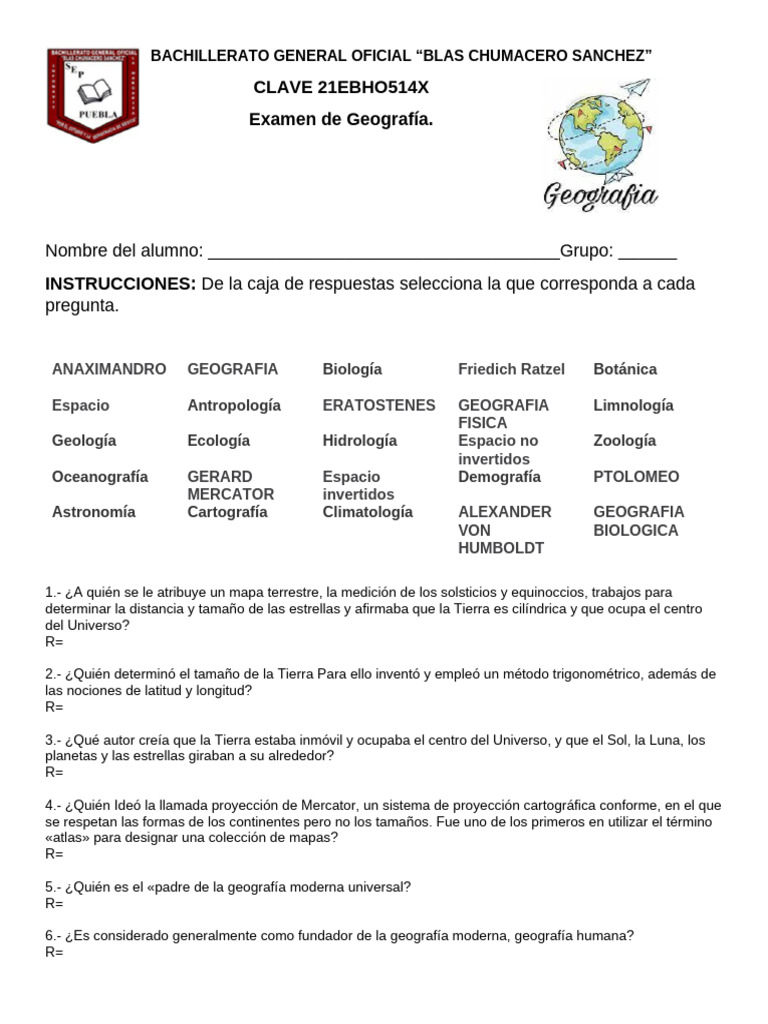 Examen de Geografía para Bachillerato | PDF | Geografía | Tierra