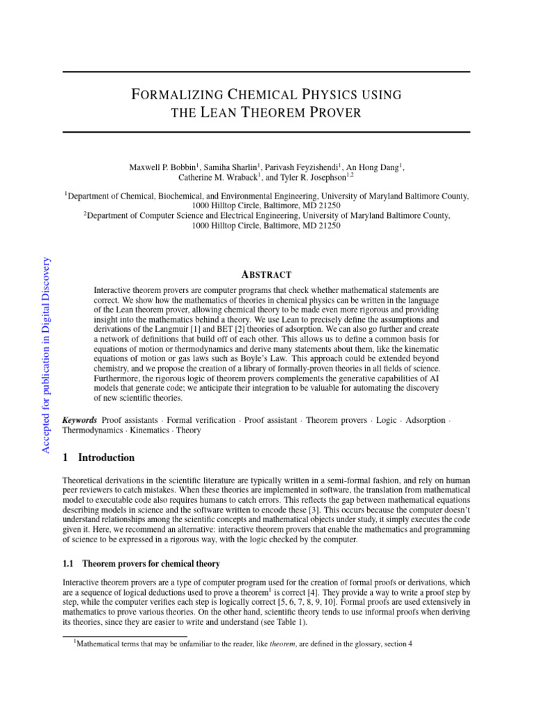 Formalizing Chemical Physics Using The Lean Theorem Prover | PDF | Mathematical Proof | Adsorption
