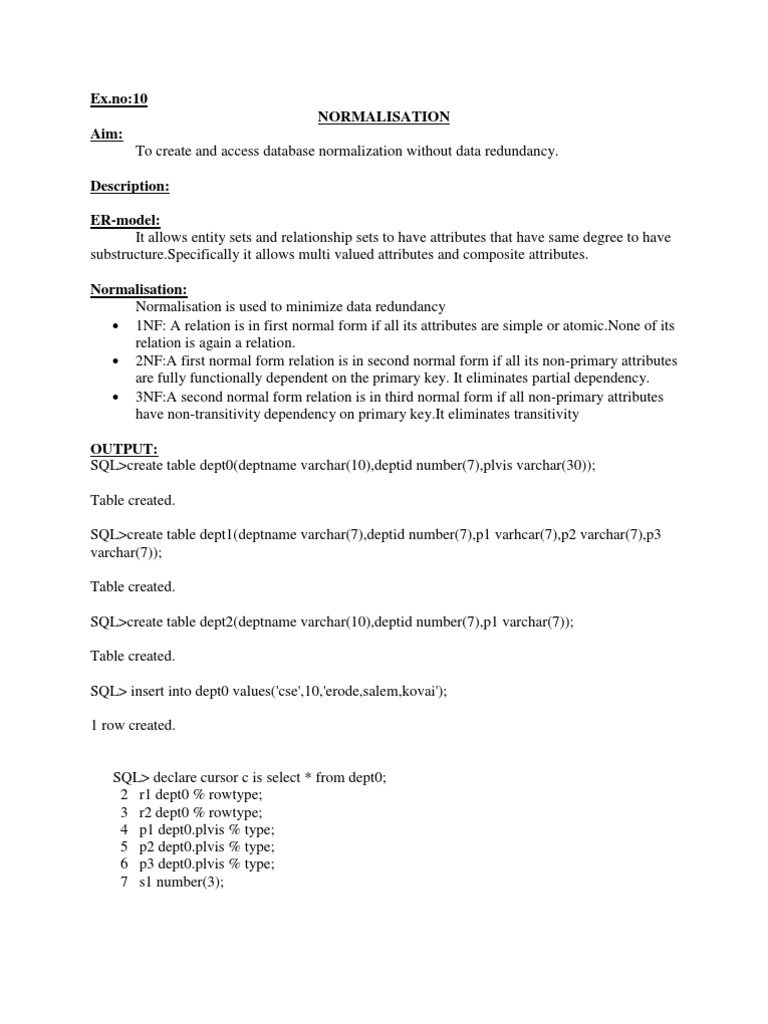 Ex No 10 Normalisation Aim Pdf Data Management Software Information Technology