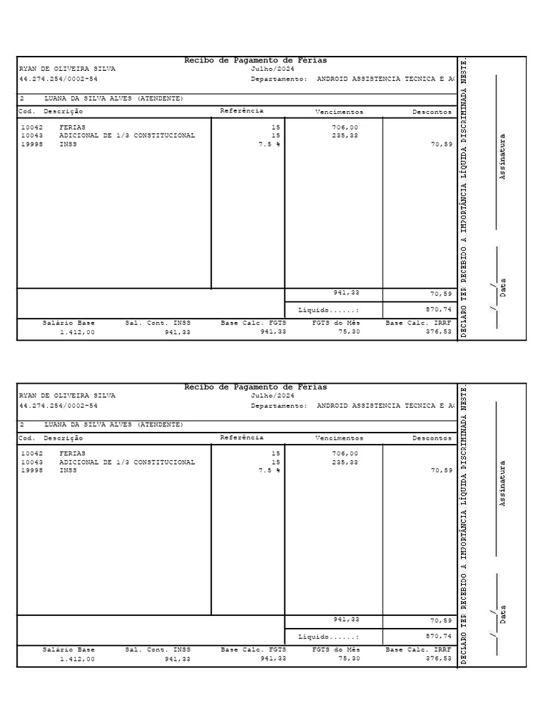 recibo férias Luana | PDF