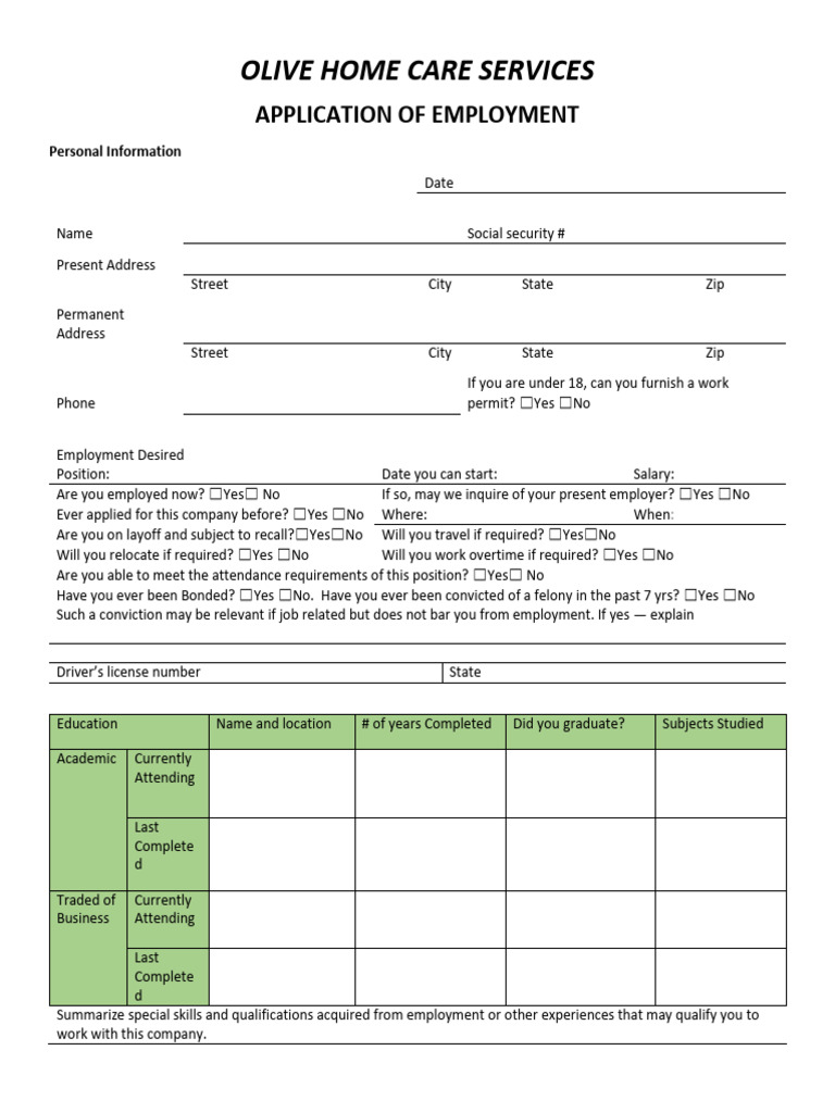 Olive Home Care Employment Application | PDF | Employment | Confidentiality