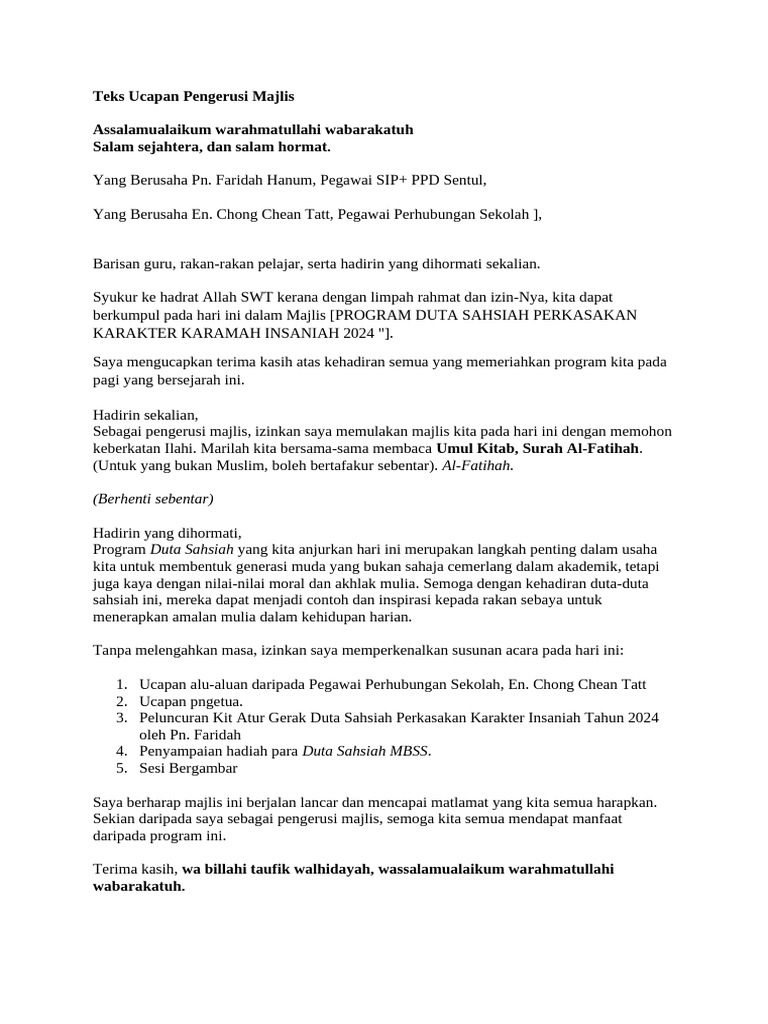 Teks ucapan MC Duta Sahsiah | PDF