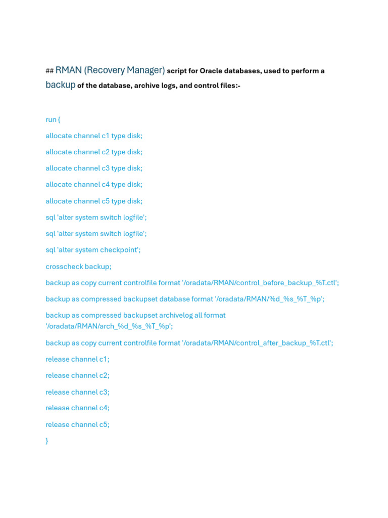 Rman Backup Script For Full Db Archives Andcontrol Files Pdf Backup Databases