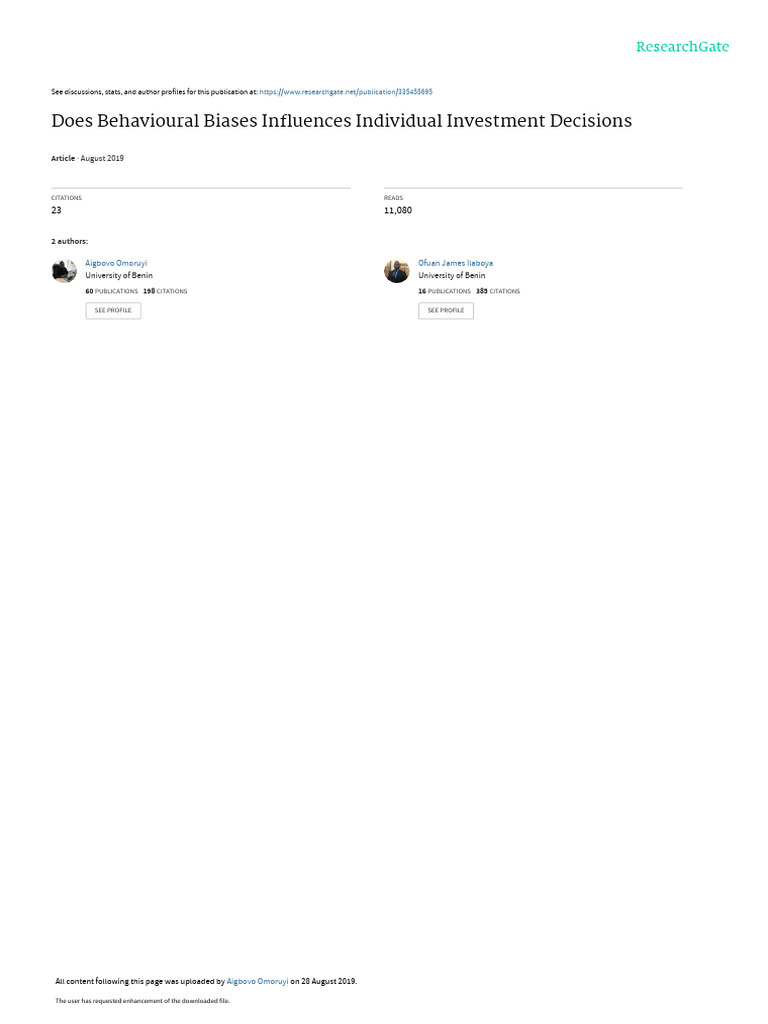 Does Behavioural Biases Influences Investment Decisionsof Individual ...