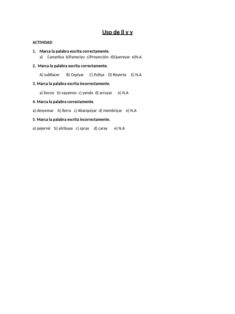 Actividad sobre ortografía de "ll" y "y" | PDF