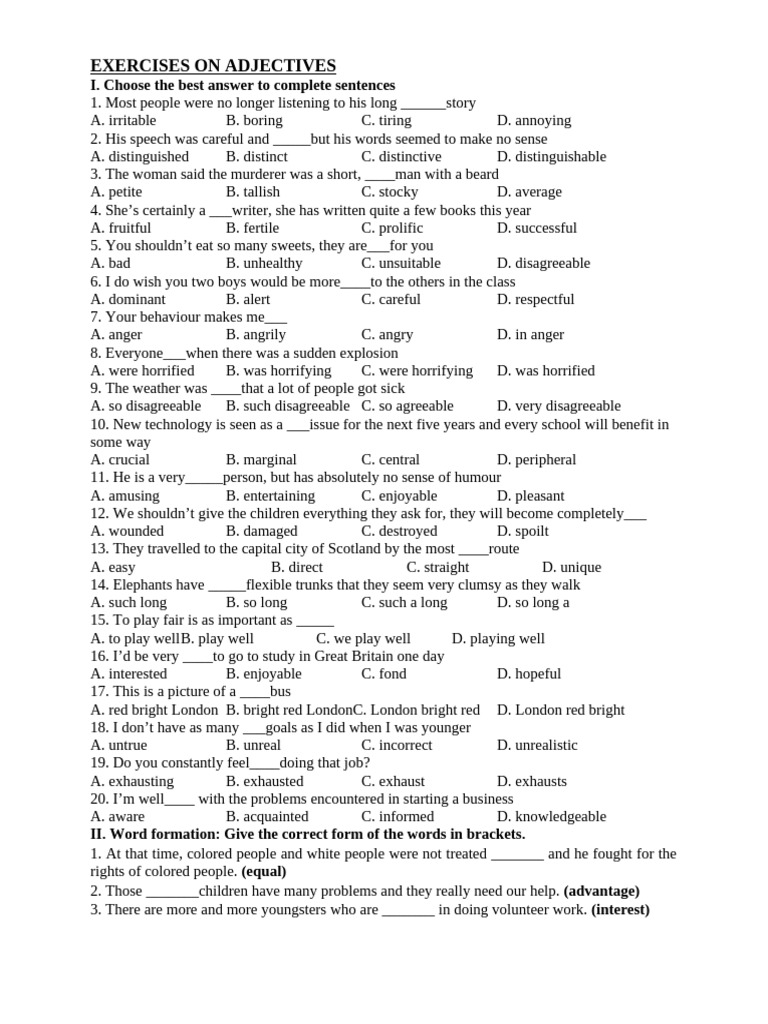 Adjective Exercises for Language Learners | PDF