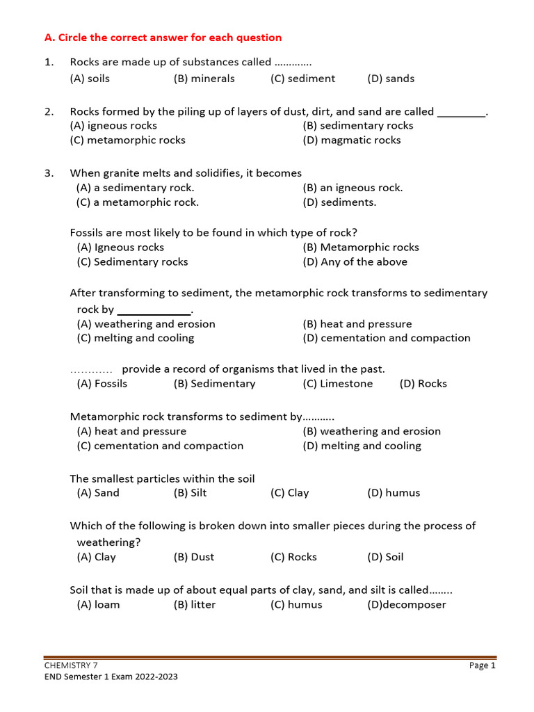 Chemistry 7 End SM 1 Exam | PDF | Rock (Geology) | Sedimentary Rock