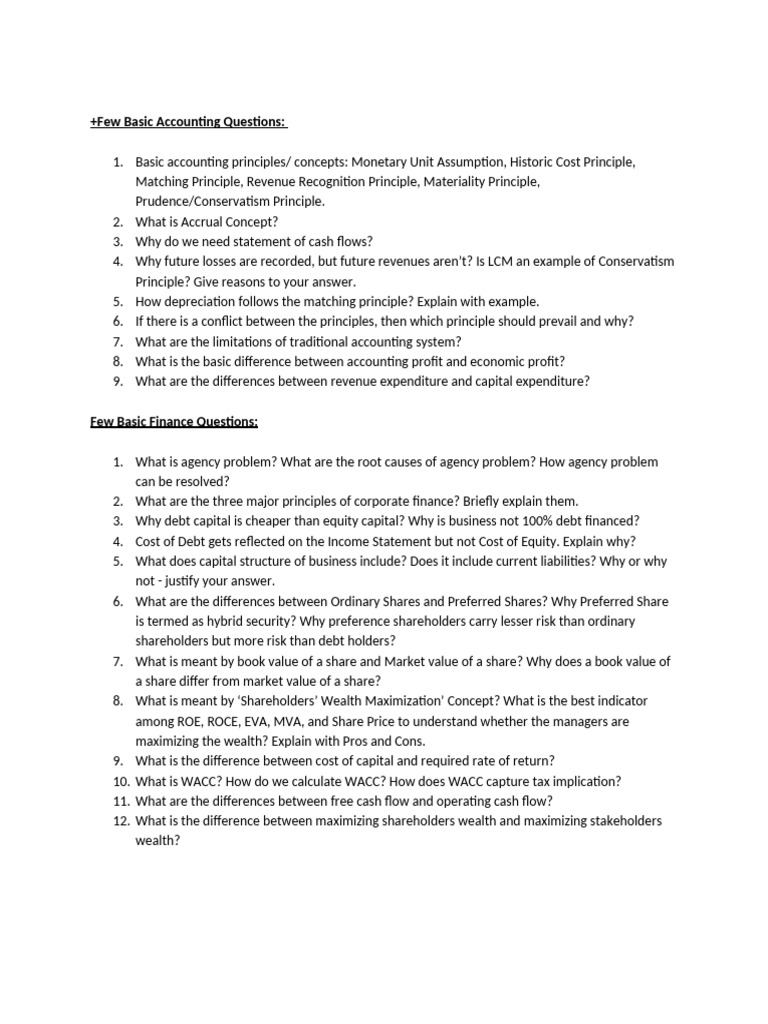 Few Basic Finance and Accounting Questions For FTP and Corporate Finance | PDF | Book Value ...