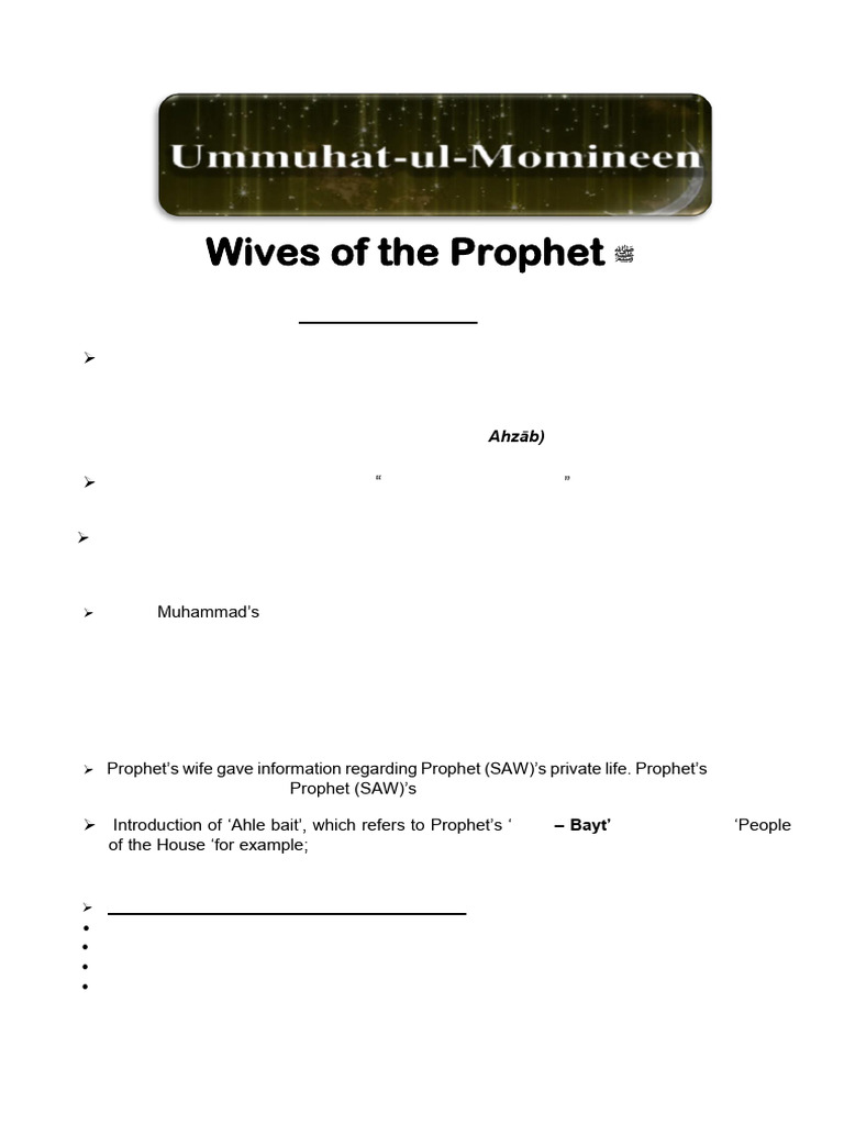 Mothers of Believers (Khadijah (RA), Sawdah (RA) & Ayesha (RA) | PDF ...
