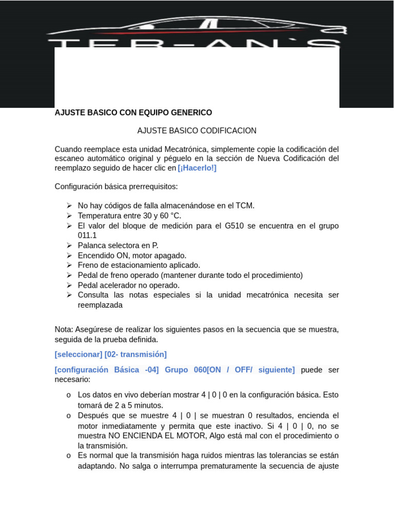 AJUSTE BASICO CON EQUIPO GENERICO | PDF | Transmisión automática | Vehículos