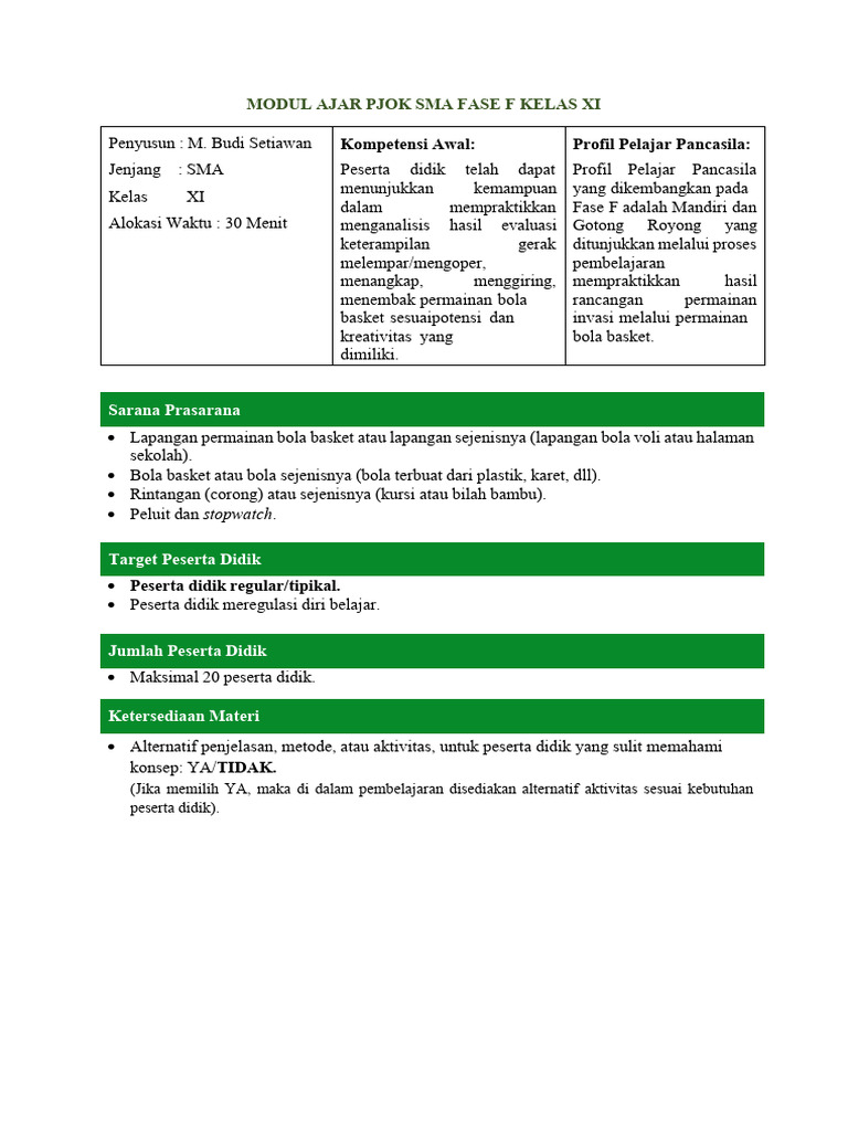 Modul Ajar PJOK Permainan Bola Basket Kelas XI SMA Fase F Baru | PDF