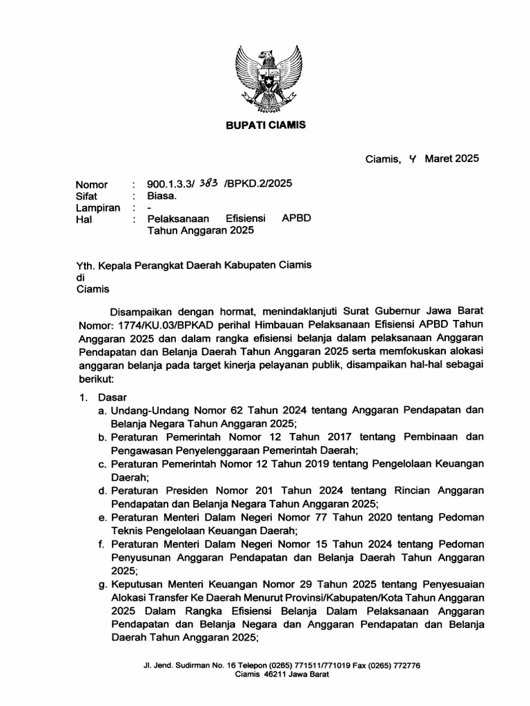 Surat Pelaksanaan Efisiensi APBD Tahun Anggaran 2025 | PDF