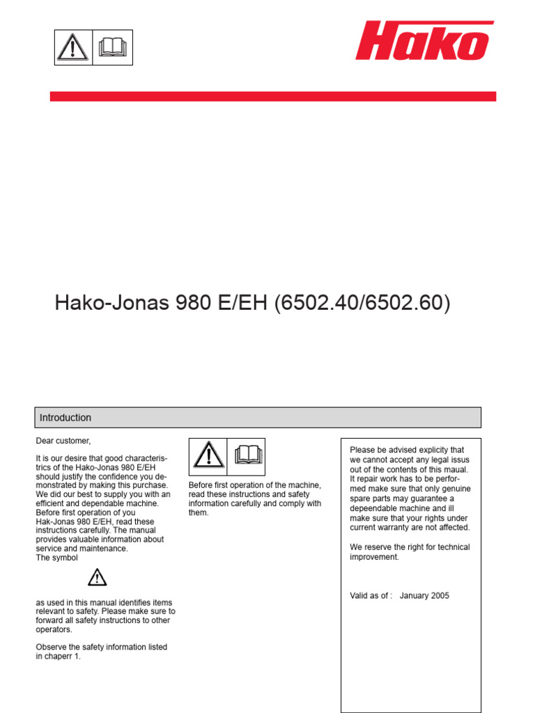 Hako Jonas 980E User Manual | PDF | Vacuum Cleaner | Mechanical Engineering
