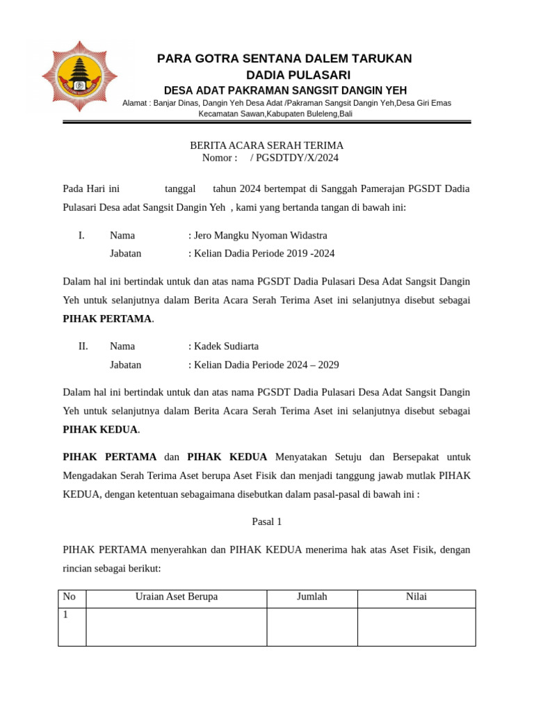 Serah Terima Aset PGSDT Pulasari | PDF