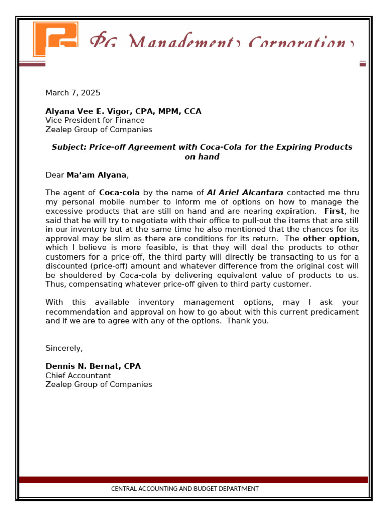Letter To COCA COLA | PDF