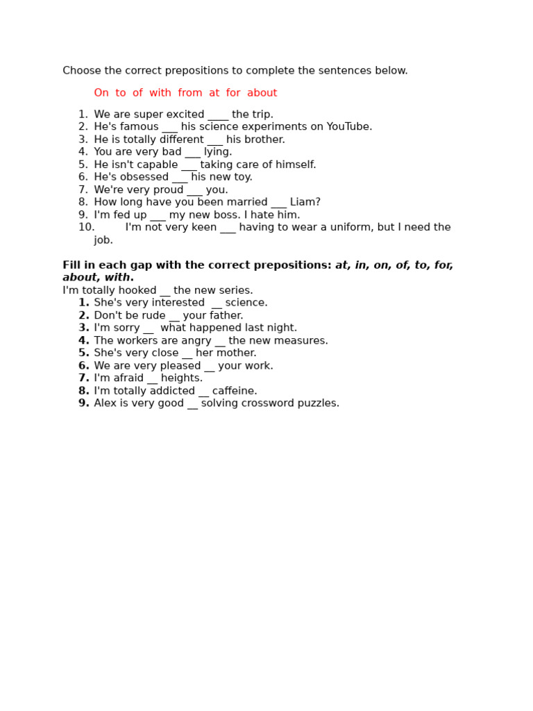 Choose The Correct Prepositions To Complete The Sentences Below | PDF