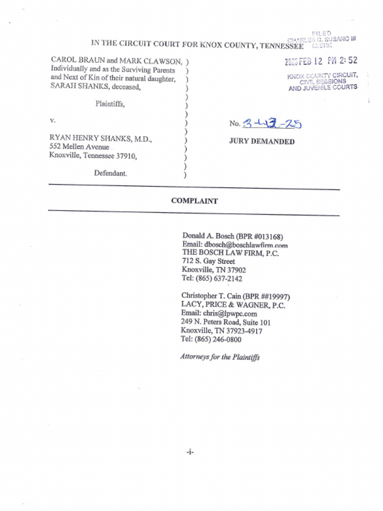 Complaint - Shanks Wrongful Death Lawsuit - Filed 02-12-25 | PDF