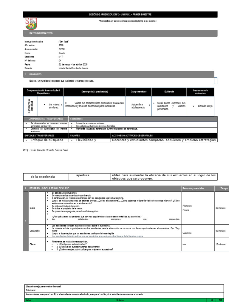 Sesion 1 -Dpcc 4to | PDF | Aprendizaje | Autoestima
