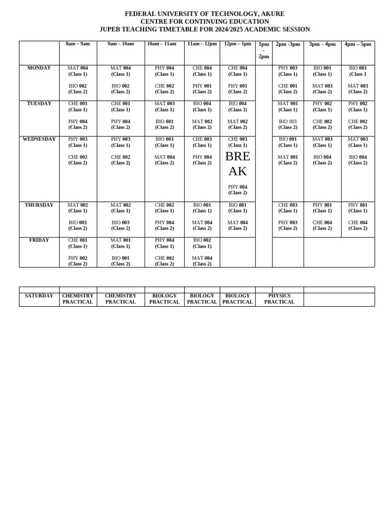 Time Table for 2025 Jupeb | PDF
