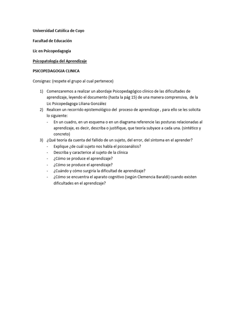 Consignas Documento Liliana Gonzalez. Psicopatolog Del Aprendj | PDF